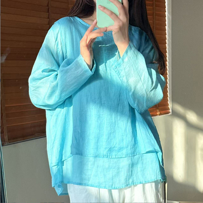新中式国风盘扣假两件圆领苎麻小衫 宽松薄款防晒衬衫上衣 4SP296