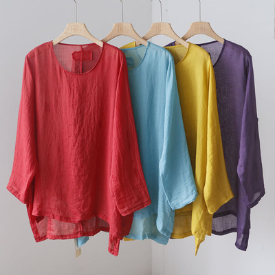 原创设计苎麻衬衫圆领宽松长袖