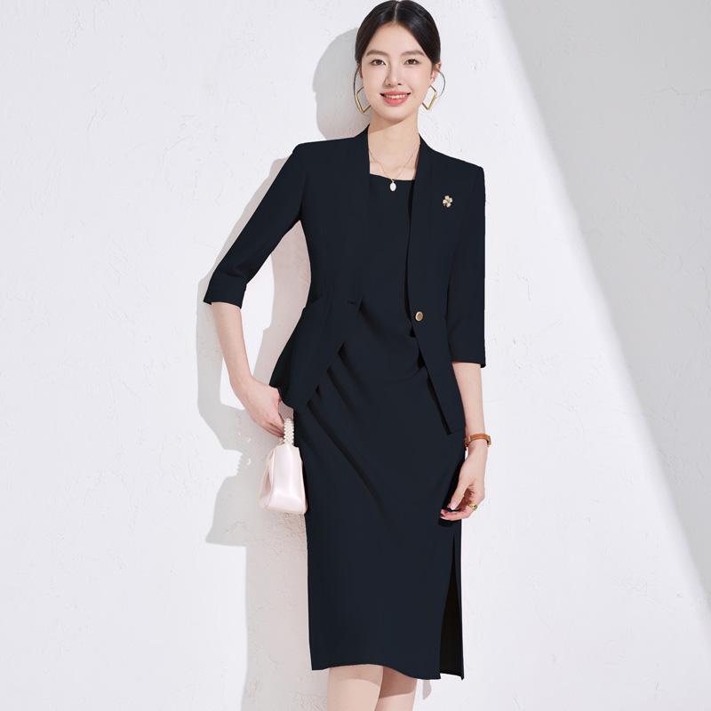 粉色西装套装女士2025新款夏季七分袖西服外套连衣裙套裙百搭工装