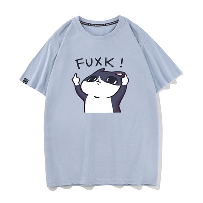 秀洛FUXK猫咪表情包恶搞衣服新款休闲短袖T恤男女衣服情侣装半袖