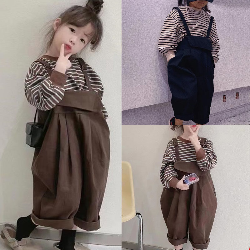 女童套装秋季2023新款韩国条纹T恤灯笼背带裤儿童洋气时髦两件套_虎窝淘