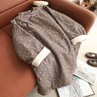 复古盘扣立领碎花灯芯绒棉服女