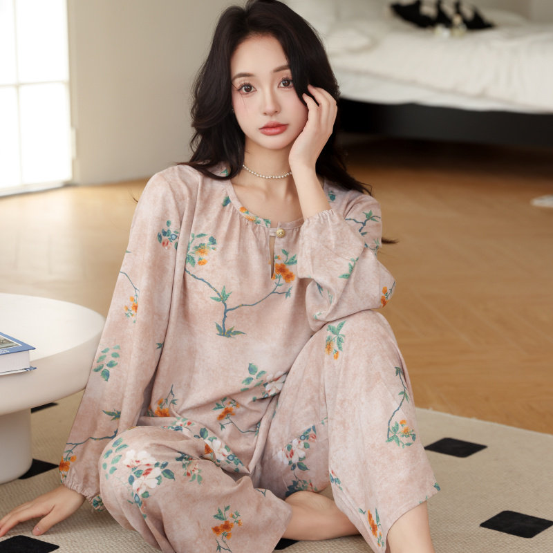 甜美棉绸国风新款睡衣女夏季超薄高级感春秋款长裤休闲家居服套装