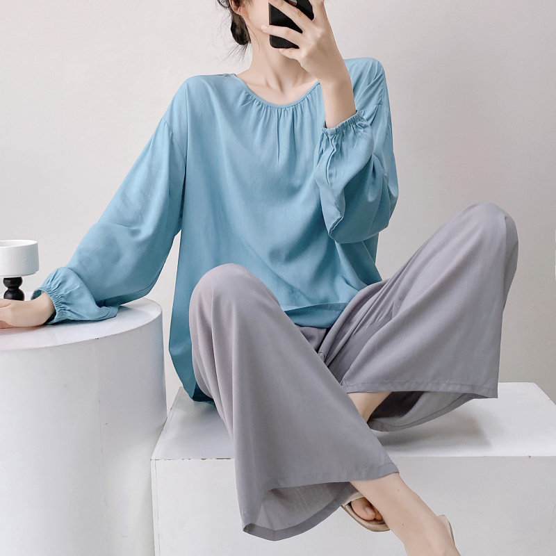 2025新款长袖高档睡衣女春秋季绵绸撞色简约家居服棉绸套装夏大码