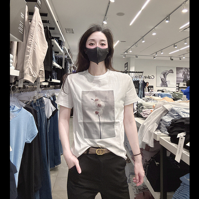 CK女士柔软绸面拼接短袖T恤