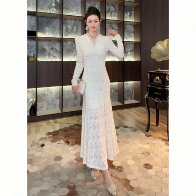 40625秋季显瘦气质长袖复古法式长款修身网红名媛优雅秋冬连衣裙