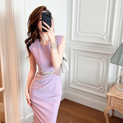 50103夏季宴会礼服裙新款重工镶钻亮片收腰修身无袖连衣裙女