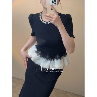 【十六原创】气质黑色假两件高腰显瘦名媛连衣裙45102