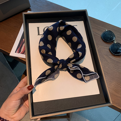 韩国复古vintage通勤小方巾蓝色领巾波点气质棉质头巾丝巾