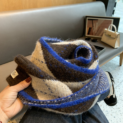 2025新款韩版时尚百搭洋气软糯针织学生围脖保暖菱格毛线围巾女