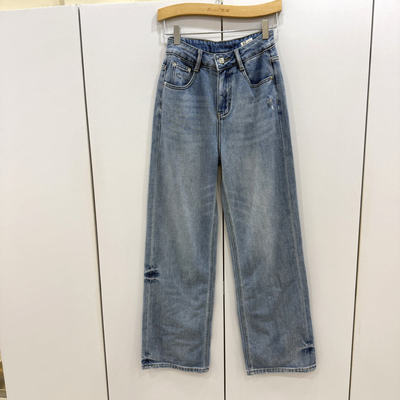 伊人牛仔57011欧洲站2026腰带高腰修身显瘦磨破直筒做旧牛仔长裤