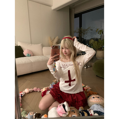 JMJ 美式设计感十字架印花露肩长袖T恤女辣妹修身显瘦百搭打底衫