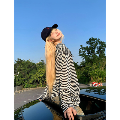JMJ美式设计感条纹撞色防晒长袖气质上衣女辣妹显瘦薄款打底衫