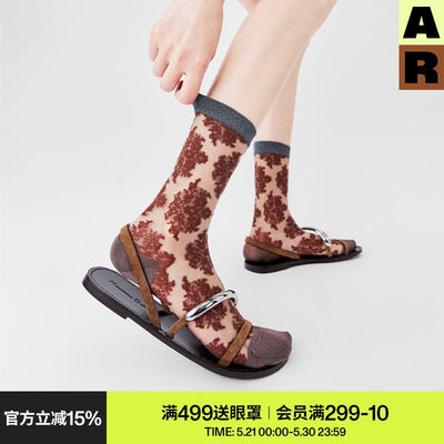 AR袜子女款中筒袜春夏季薄复古蕾丝水晶袜亮光玻璃丝袜秋冬堆堆袜