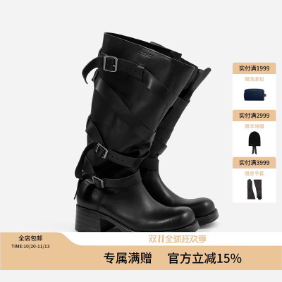 ECHOADE 松弛力量感 精选纯牛皮圆润微翘鞋头多绑带机车高筒靴