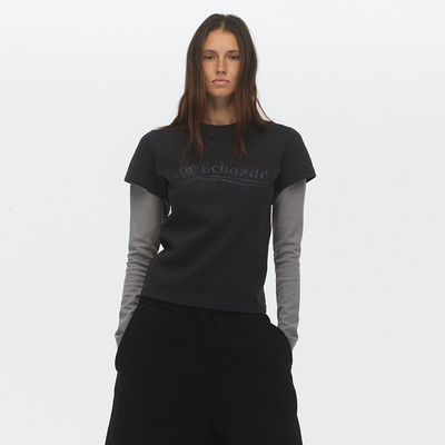 ECHOADE假两件双袖撞色拼接正肩修身版型小圆领logo印花长袖T恤