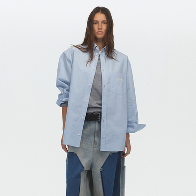 ECHOADE时髦高知 经典小翻领设计logo刺绣宽松中长款长袖衬衫