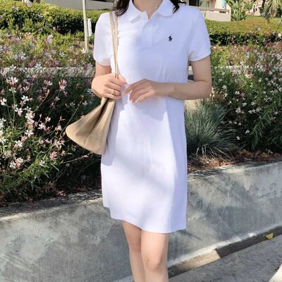 夏季保罗摩根女装短袖翻领连衣裙纯棉纯色网球运动休闲A字裙子潮