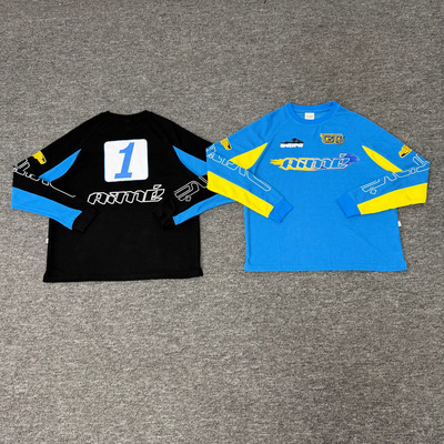 美式街头华夫格赛车印花长袖T恤