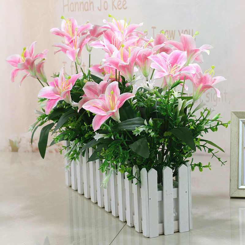 仿真花百合花假花塑料花桌面墙角遮挡仿真绿植盆栽摆件栅栏花套装