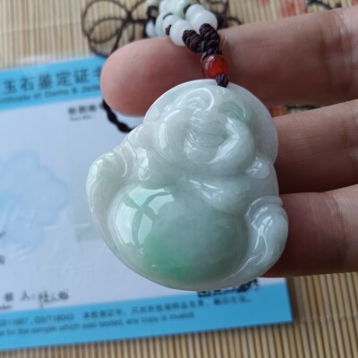A货翡翠阳绿大佛公观音国检证书