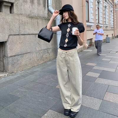 果核宇宙菱格羊毛短袖针织衫