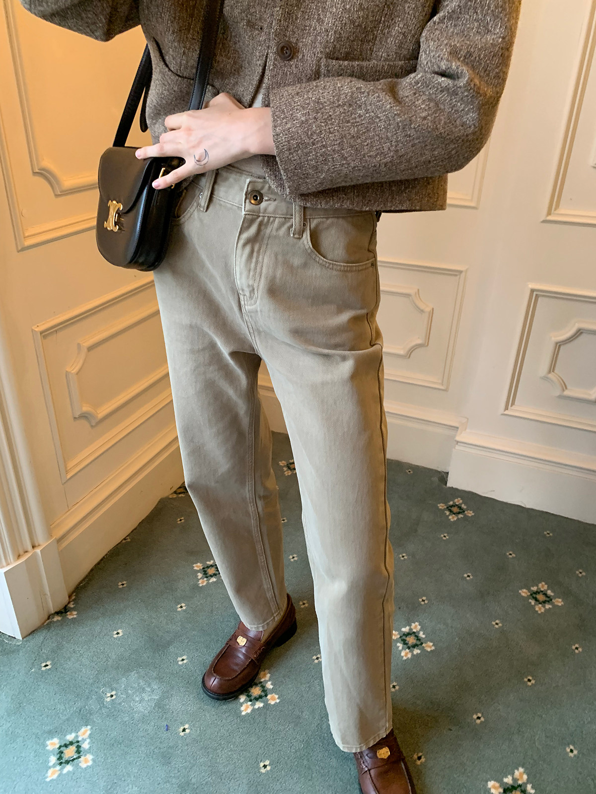 KERNEL COSMOS 23FW布拉格牛仔卡其复古水洗直筒休闲纯棉牛仔裤_虎窝淘