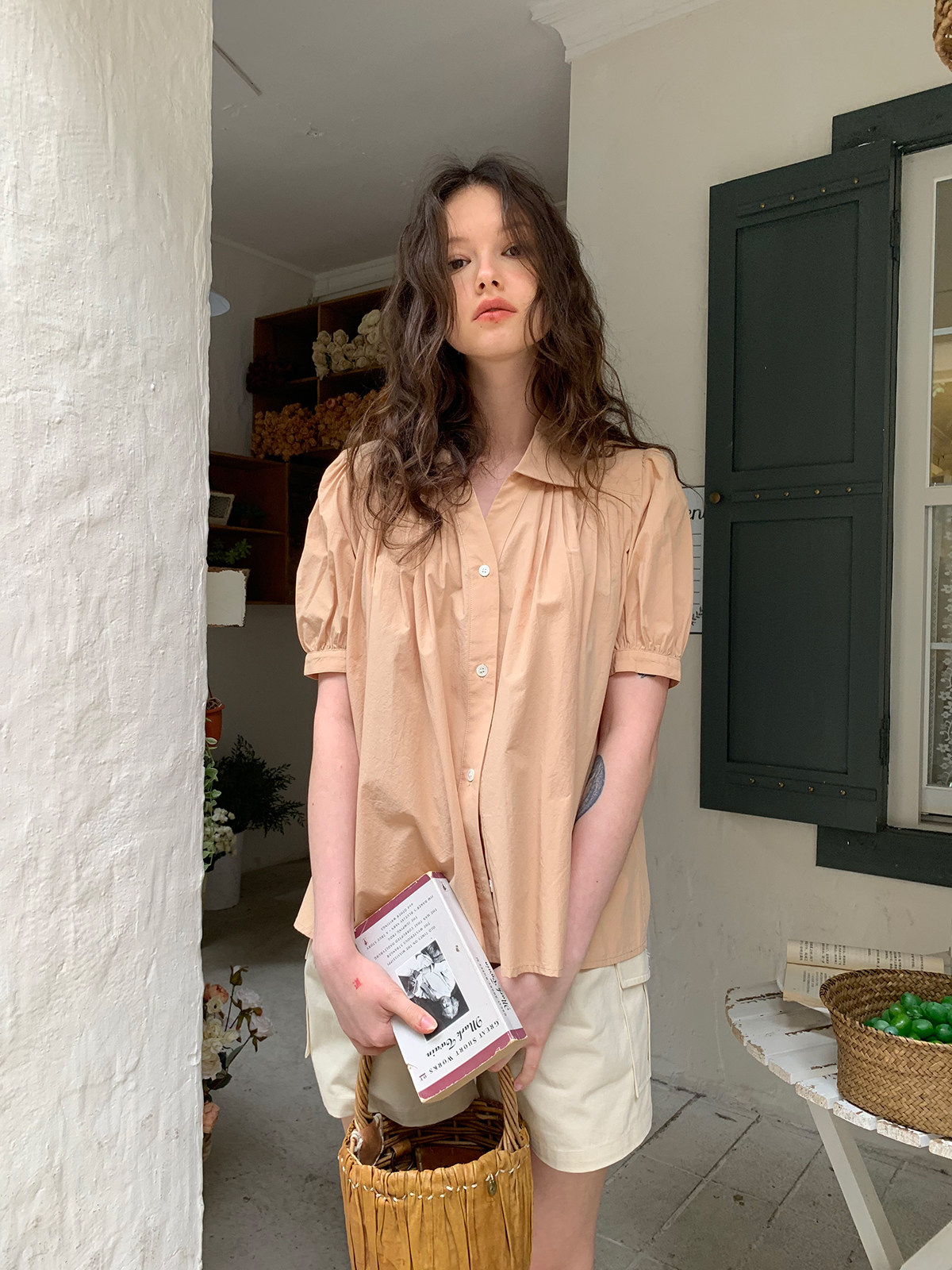 KERNEL COSMOS 23SS法式chic甜美翻领排褶宽松纯棉短袖衬衫_虎窝淘