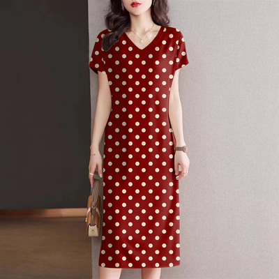 2026新款女装夏季低圆领短袖中长裙条纹宽松遮肚减龄中长款连衣裙