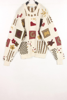 秋冬装孤品复古古着vintage米白色姜饼人钩花立体花朵手工毛衣