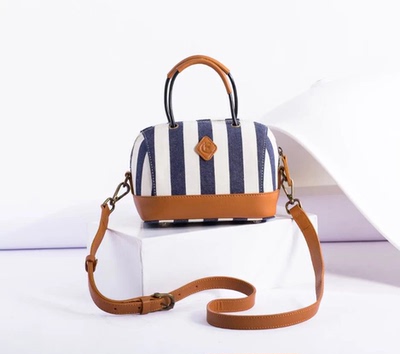 earthmade小众设计｜蓝白波点条纹｜牛皮帆布包