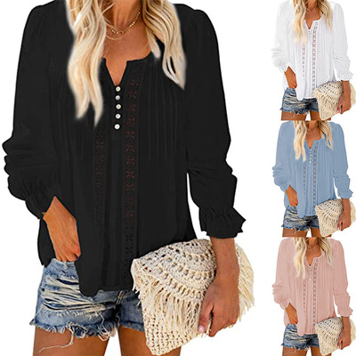 2021 new hollow top V-neck long-sleeved shirt top women