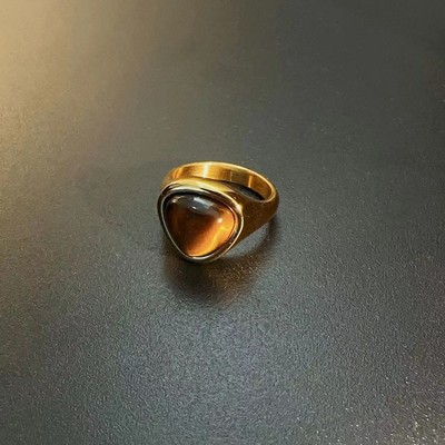 复古戒指虎眼石简约vintage金色指环天然石中古风饰品