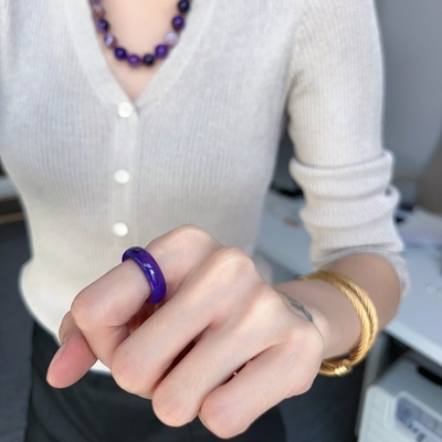 紫玉髓戒指国风花紫系润现代中古指环叠戴简约vintage彩色扳指