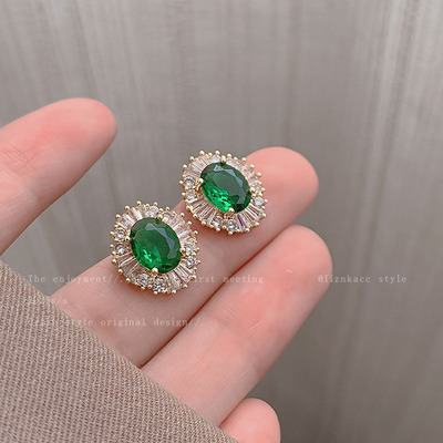 法式复古宫廷风祖母绿锆石耳钉女轻奢高级感时尚气质耳环耳饰