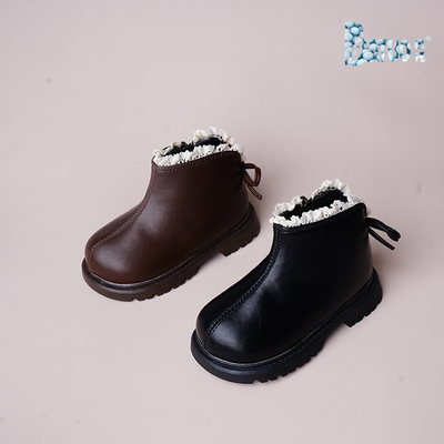 巴托童鞋 25新品韩版 防水儿童短靴学步薄绒软底防滑棉鞋F7637