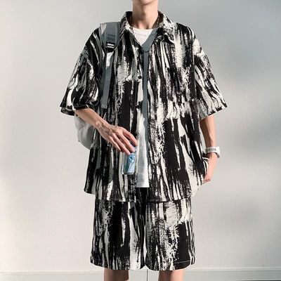 夏威夷冰丝套装男士夏季痞帅花衬衫短裤速干沙滩服运动休闲两件套