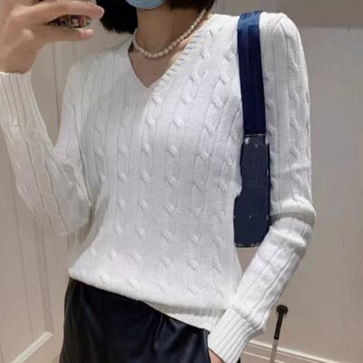 妞妞家秋季新品女士经典老钱风复古麻花V领长袖纯棉套头毛衣8591