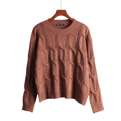 妞妞家秋季新品女士麻花圆领长袖宽版套头毛衣6256