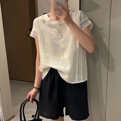 100%纯亚麻蕾丝拼接气质轻奢小飞袖衬衫2026夏季宽松设计感H623