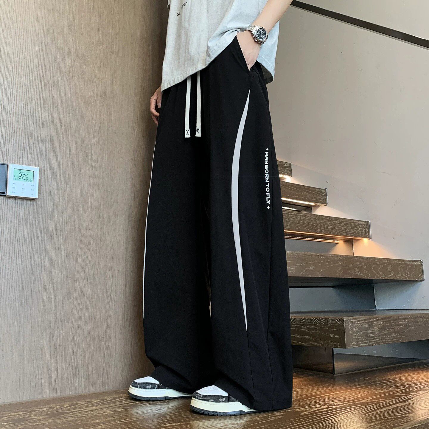夏季重磅款青少年冰丝港风休闲裤时尚撞色条纹设计垂感轻薄长裤