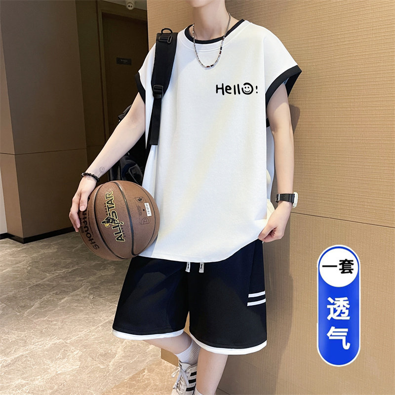 夏季新款青少年拼色时尚套装简约韩系宽松透气学生百搭舒适两件套