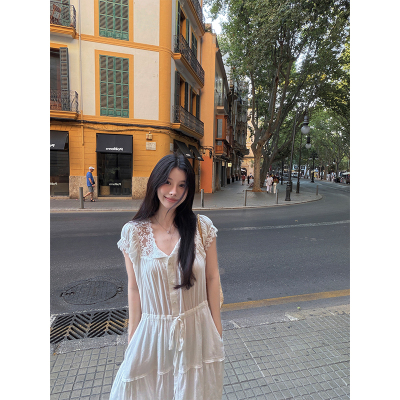 VASSE美蟹 法式蕾丝棉混纺拼接方领连衣裙女慵懒唯美肌理抽绳长裙