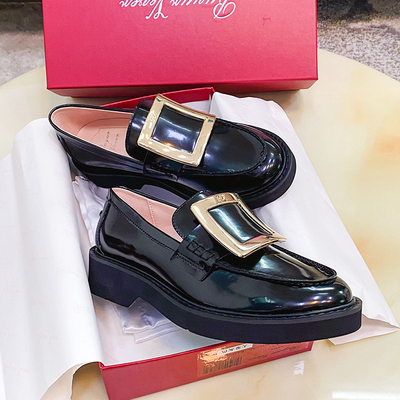 捡漏2026春季新款rv厚底乐福鞋金属方扣牛皮百搭复古英伦黑色女鞋