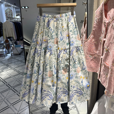 CY 26008 时尚松紧高腰印花纯棉A字百搭中长半身裙欧洲站春装正品