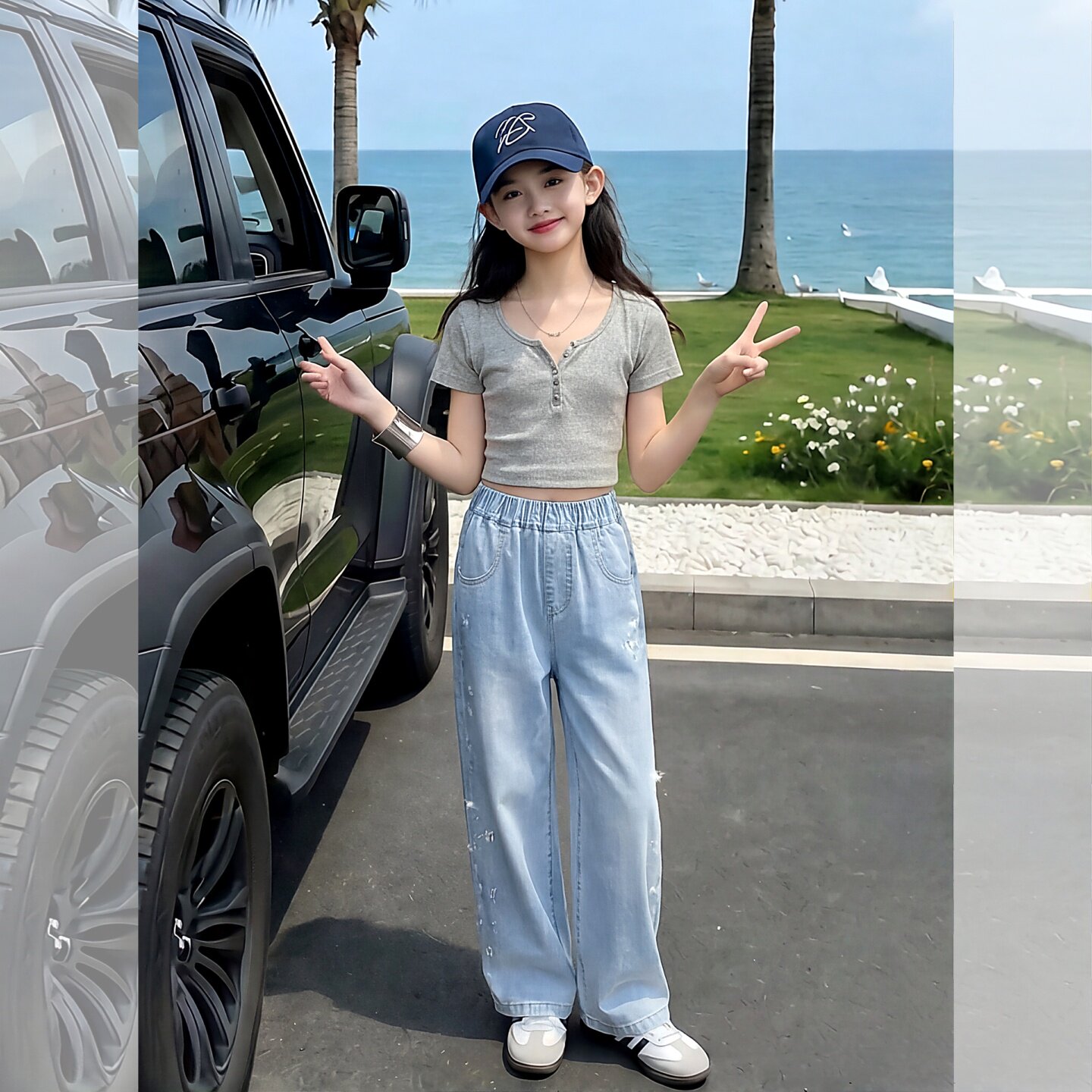 女童夏季薄款牛仔裤2026新款儿童又酷又飒超好看烫钻刺绣阔腿裤子