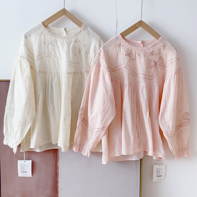 森日系精致刺绣圆领褶皱衬衫