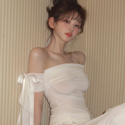 thetis春夏甜美飘带露肩修身短袖