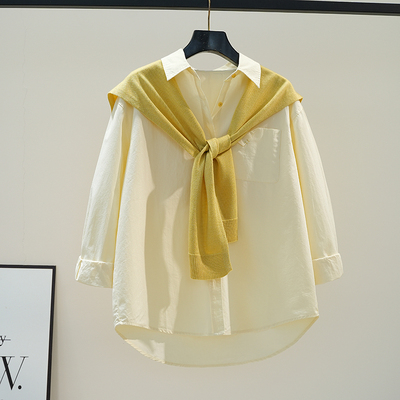淡黄色棉衬衫女配披肩宽松休闲衬衣2025春夏文艺范长袖上衣两件套