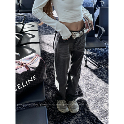 小侨JOFAY 亚历山裤 2025早秋新款黑色复古浮雕气质字母直筒裤